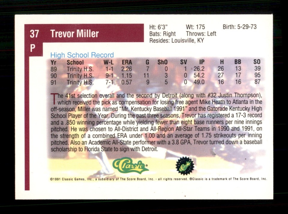37 Trevor Miller 7 Rocks 1991 Classic Games Baseball Sports Trading ...