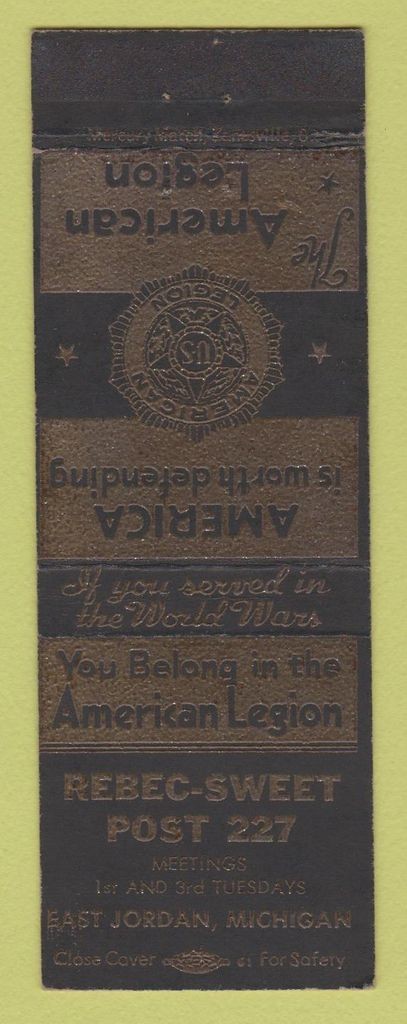 Matchbook Cover - American Legion Rebec Sweet Post East Jordan MI | eBay