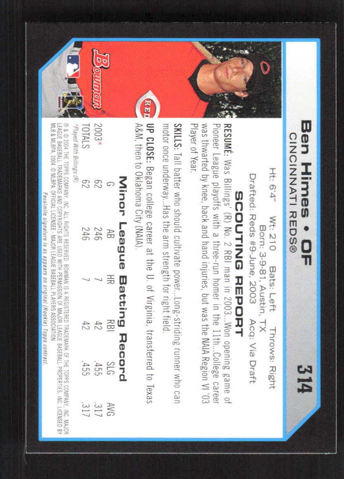 Ben Himes FY, RC 2004 Bowman Cincinnati Reds #314 | eBay