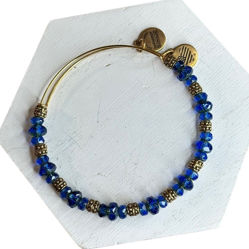 Alex and Ani Blue Glass Faceted Bead Gold Tone Adjustable Bangle ...