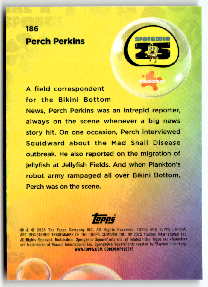 Topps SpongeBob Chrome 2025 No. 186 Perch Perkins Blue Refractor 127/ ...