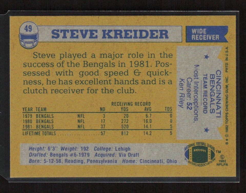 1982 Topps #49 Steve Kreider Cincinnati Bengals Rookie Near Mint or ...