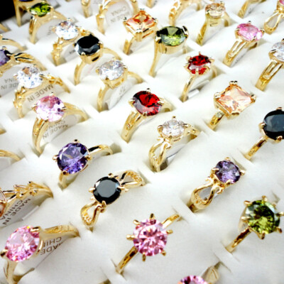 30Pcs Wholesale Mix Color Pretty Zircon Gold Color Plated Ring Jewelry ...