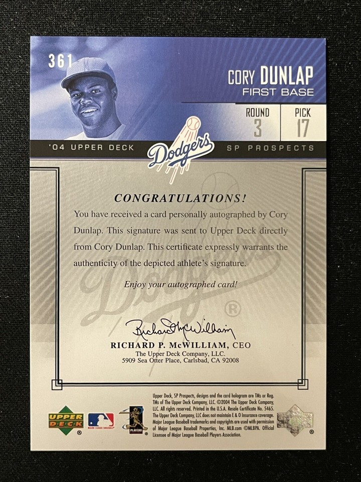 2004 Upper Deck SP Prospects Silver Cory Dunlap Auto 498/600 | eBay