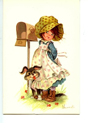 Cute Rural Sunbonnet Girl w/ Dog-Open Mailbox--I. Vernet Artist Signed ...