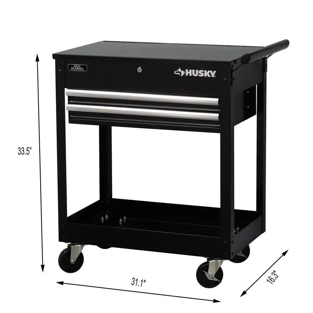 Husky 28 in 2-Drawer Tool Utility Cart Gloss Black Lift-Top Worktop ...