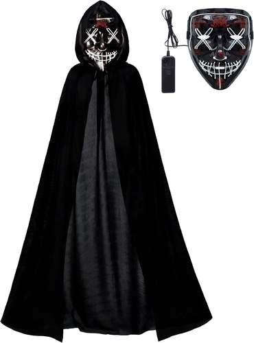 Kids Hooded Velvet Cloak with LED Light-Up Mask, Halloween Cape Costume ...