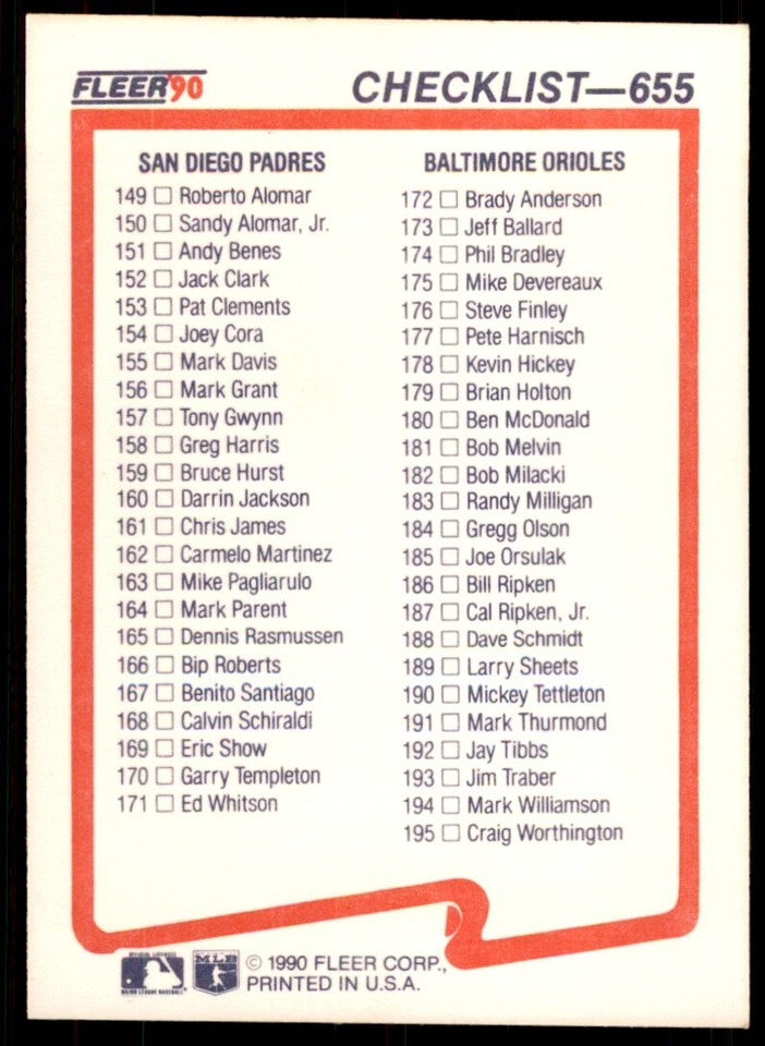 1990 Fleer Checklist Royals/Angels/Padres/Orioles Baseball Cards #655 ...