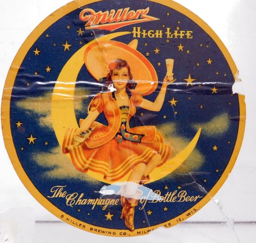 Miller High Life early version Girl on the moon RARE sticker. 5" round ...