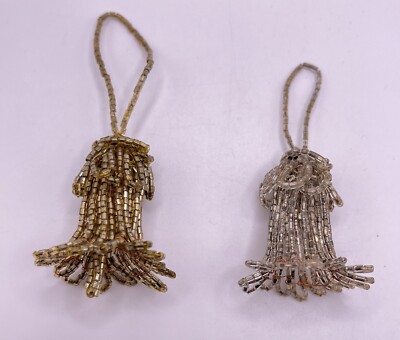 Vintage 2 Gold Glass Bugle Beaded Bells Christmas Ornament Decoration ...