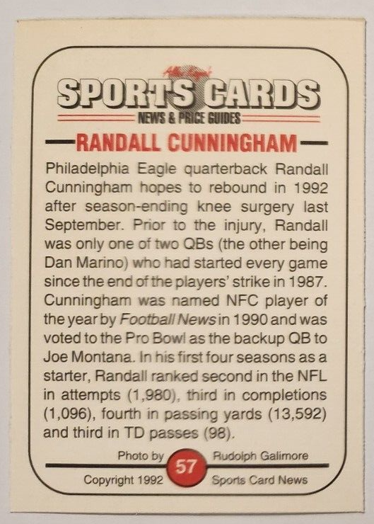 1992 Allan Kaye's Sports Cards Magazine Randal Cunningham #57 ...