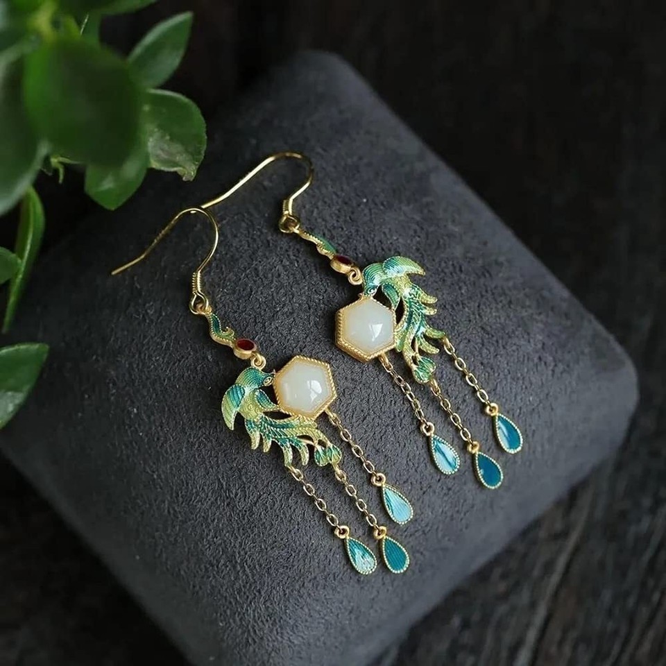 Vintage Chinese Natural White Jade Enamel Phoenix Earrings Female ...