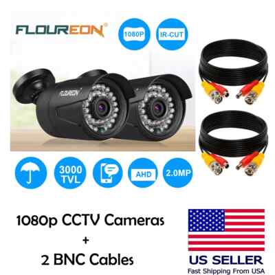 2 PACK CCTV Security Cameras 1080P Outdoor/Indoor With 60 ft BNC Cables ...