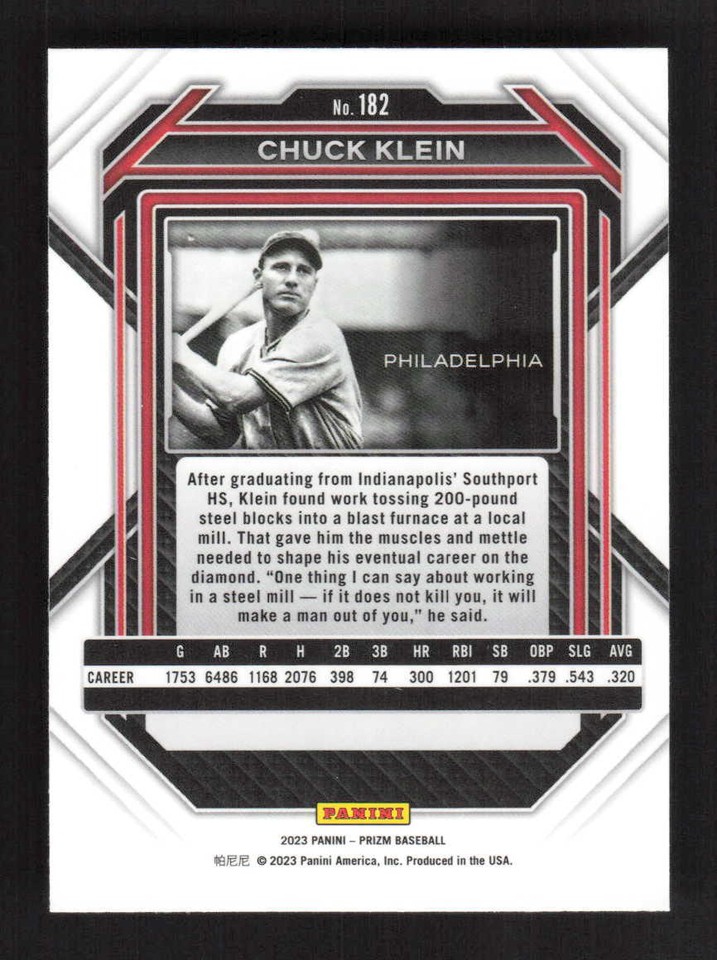Chuck Klein 2023 Panini Prizm Philadelphia Phillies #182 | eBay