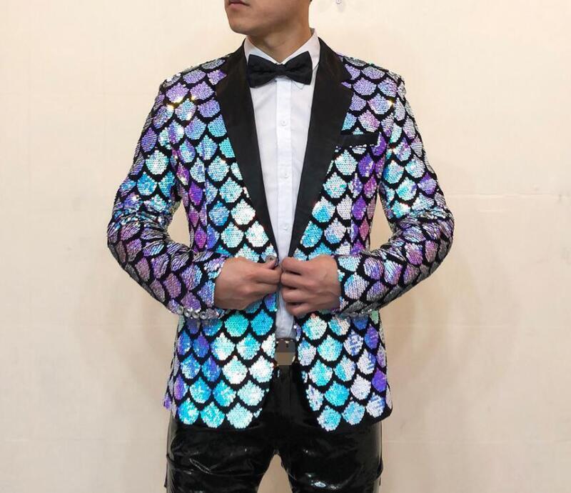 Party Mens Blingbling One Button Jackets Gradient Shiny Coats Sequins ...