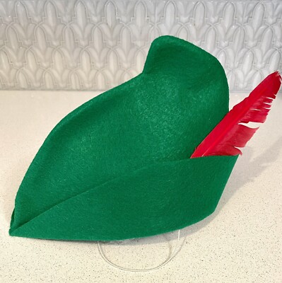 ADULT GREEN PETER PAN ELF ROBIN HOOD COSTUME HAT Red Feather Handmade ...