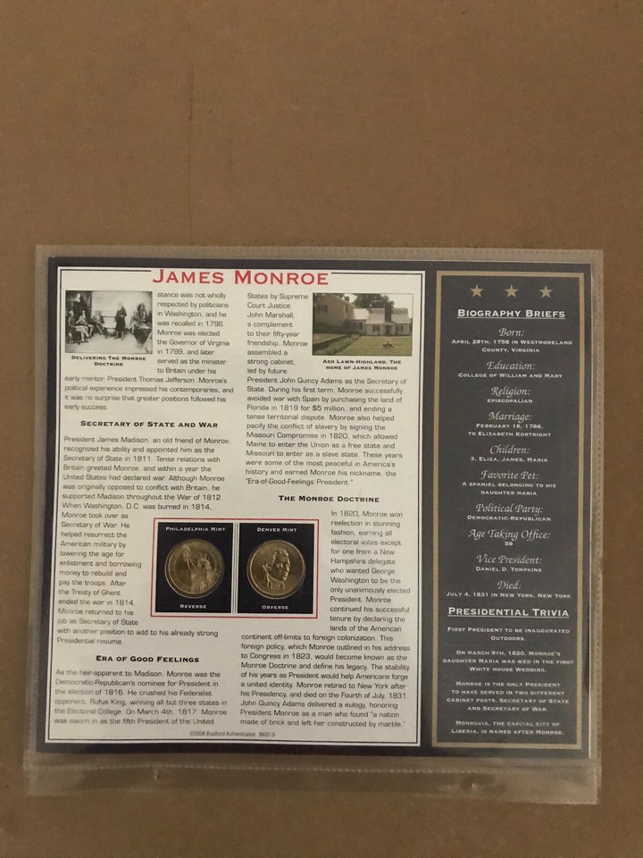 2008 JAMES MONROE 5th President 1817-1825 Sheet P&D $1 Coins With ...