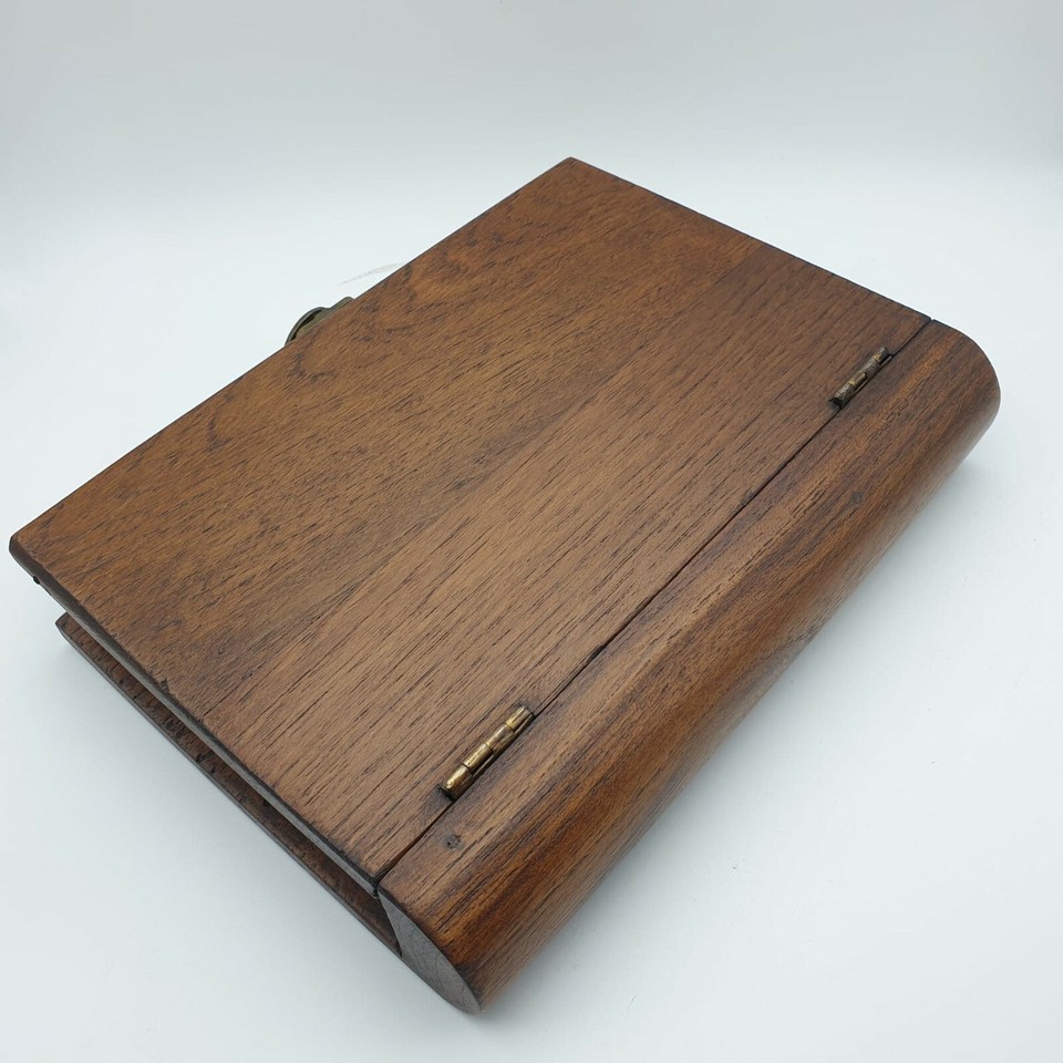 Antique Wooden Box Book Shaped Teak Wood Storage Handmade Trinket Craft ...