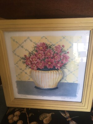Cosmos By Fiona Butler Framed Pink Flower In Yellow Vase Art Print 15.5 ...