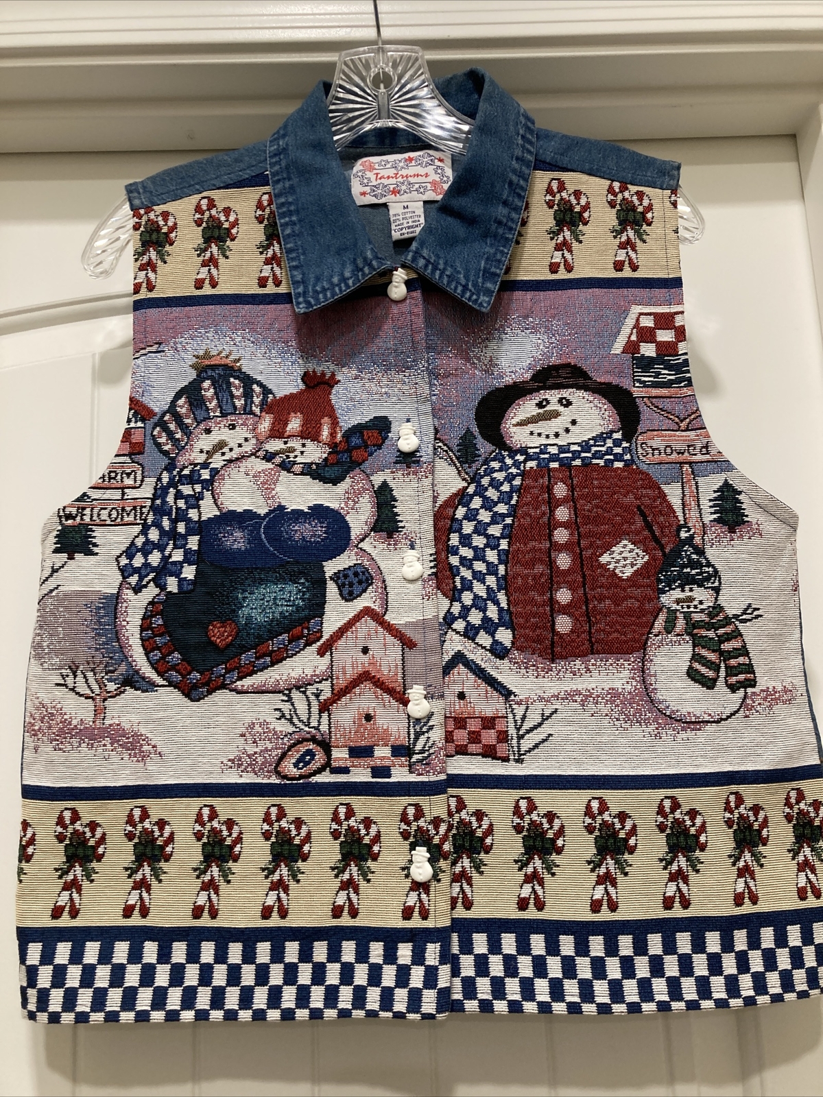 Tantrums Denim Sleeveless Jean Snowmen Vest Snowman & Candy Canes ...
