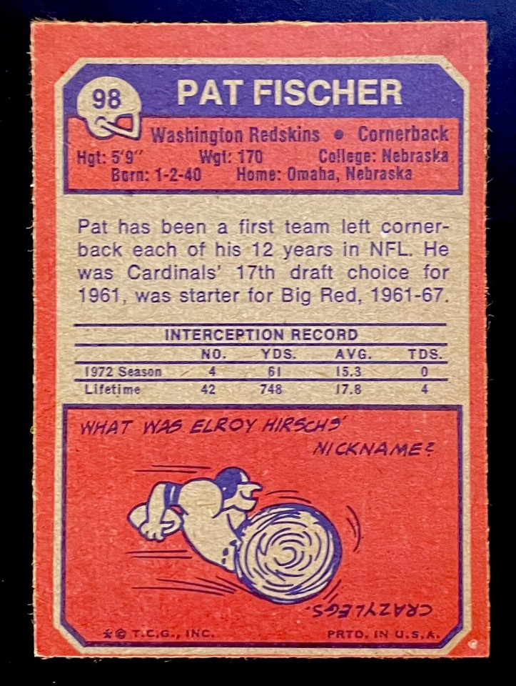 1973 Topps #98 Pat Fischer Washington Redskins Vintage Football Card | eBay