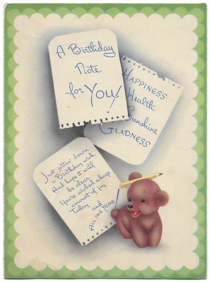 Vintage 1940'S CUTE LITTLE BEAR WITH PENCIL ON HEAD BIRTHDAY Greeting ...