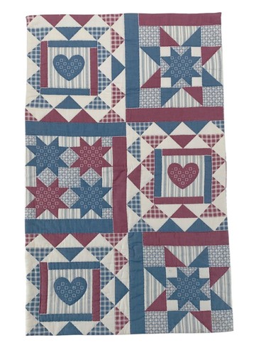 Hearts & Stars Patchwork Quilted Wall Hanging Blue Ivory Pink Country ...