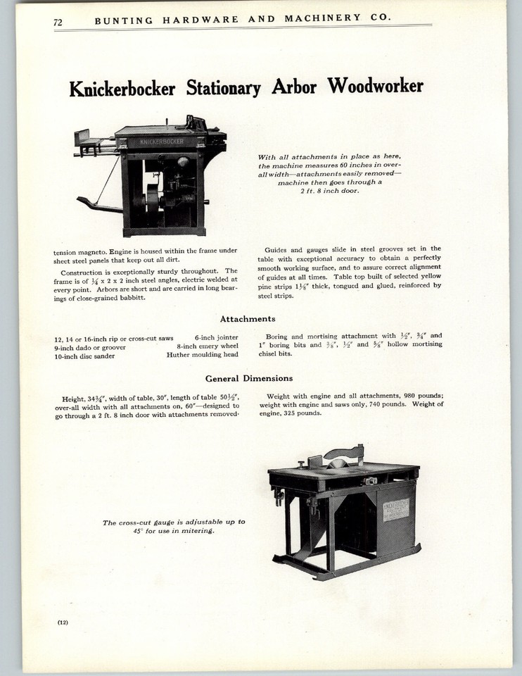 1926 PAPER AD Knickerbocker Stationary Arbor Woodworker Table Saw | eBay