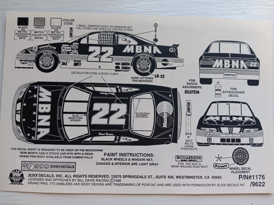 MBNA #22 Ward Burton Pontiac Grand Prix model car decals by Slixx | eBay