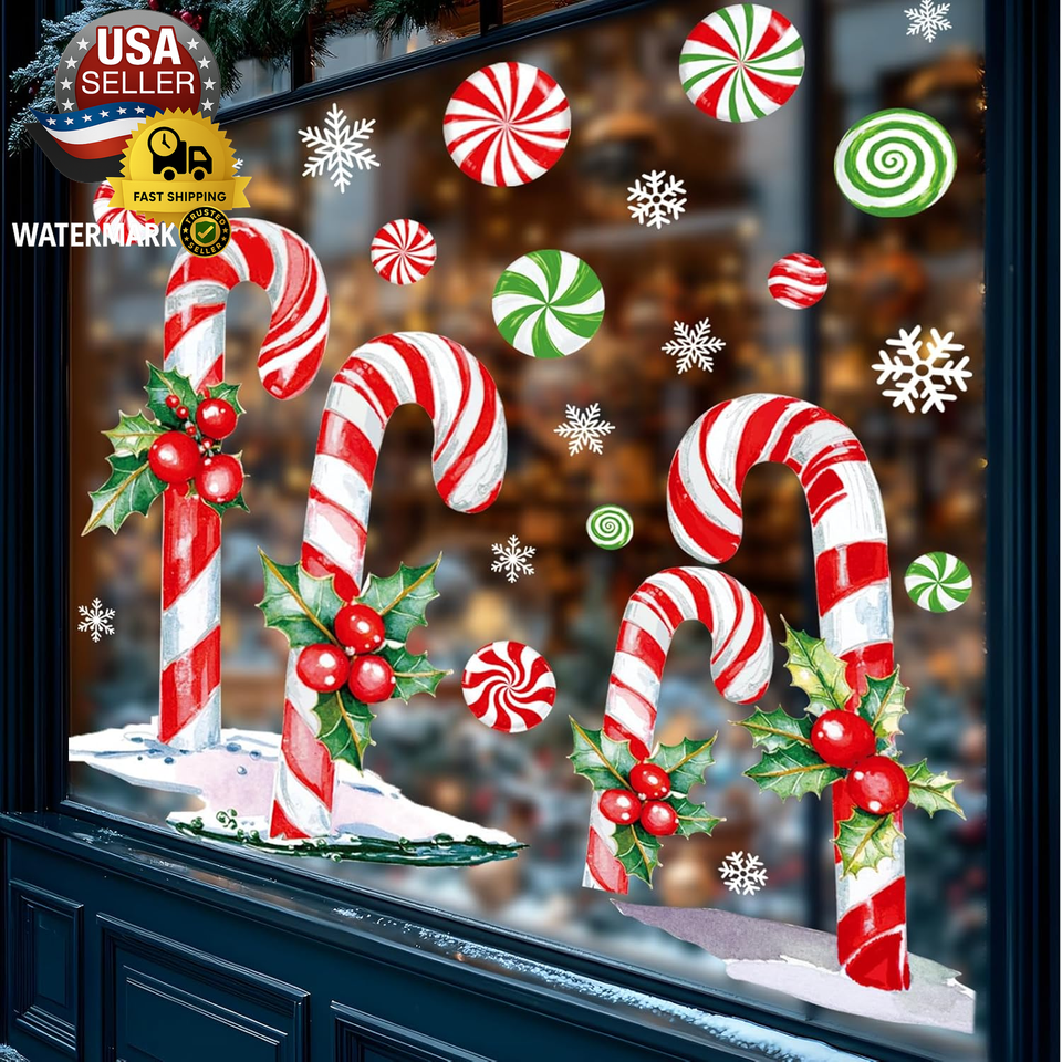 13.8 X 35.4'' Extra Large Christmas Window Clings Red Green Candy Cane Holly Ber | eBay