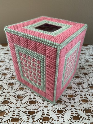 Handmade Needlepoint Plastic Canvas Tissue Box Cover - Pink Squares | eBay