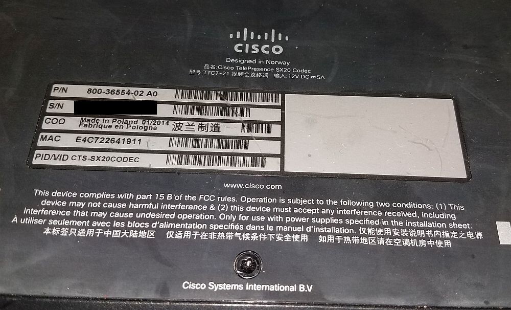 CISCO TelePresence SX20 Codec 800-36554-02 A0 No Power Adapter No ...