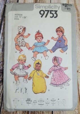 Vintage Simplicity 9753 Medium 15"-16" Baby Doll Clothes Wardrobe ...