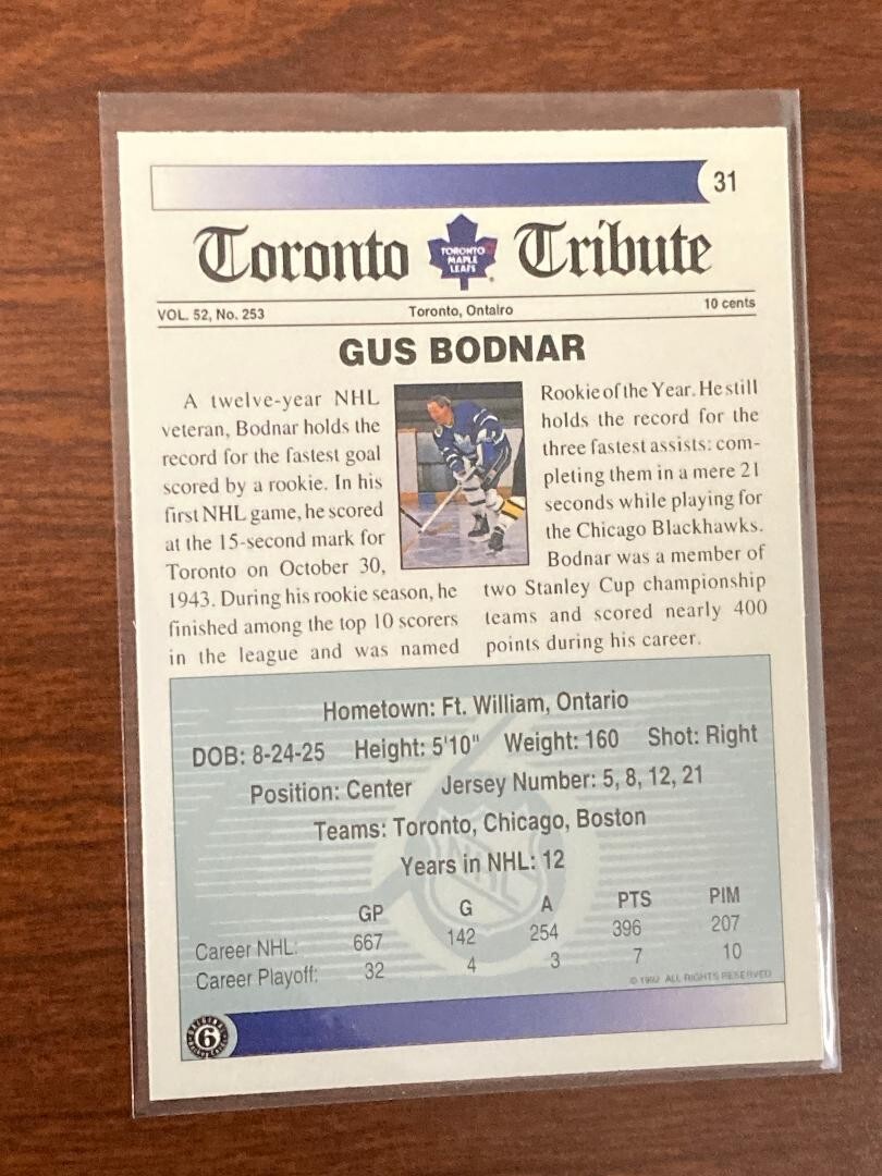 GUS BODNAR 1991-92 ULTIMATE TORONTO MAPLE LEAFS CARD #31 | eBay