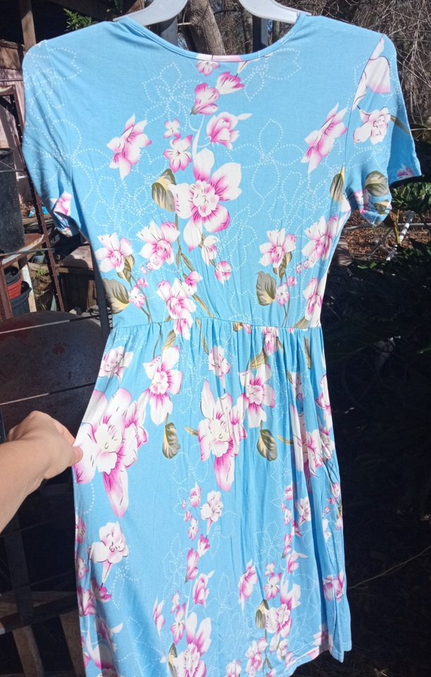 M DB Moon Short Sleeve Light Blue Floral Long Maxi Dress Spring Summer ...