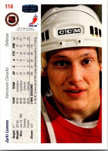 Jyrki Lumme Vancouver Canucks Hand Signed 1991-92 Upper Deck Hockey ...