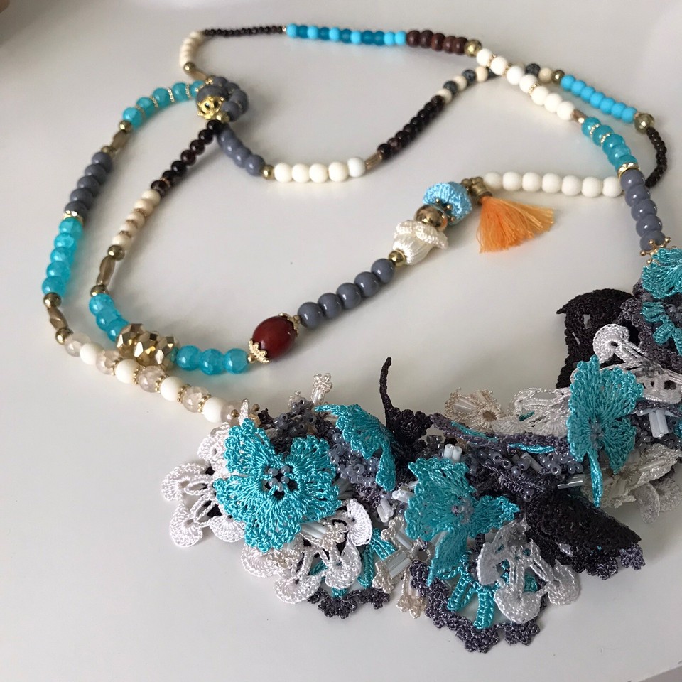 Blue Brown Crochet Choker, Crochet Collar, Boho Circle Necklace, Oya ...