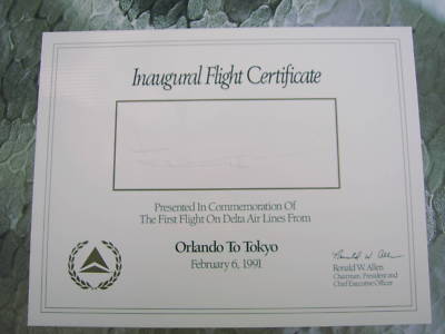 DELTA AIR LINES INAUGURAL FLIGHT CERTIFICATE DELTA ORLANDO - TOKYO | eBay