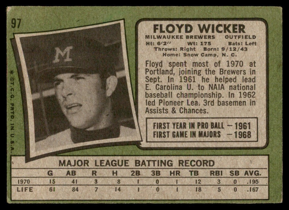 1971 Topps #97 Floyd Wicker VG | eBay