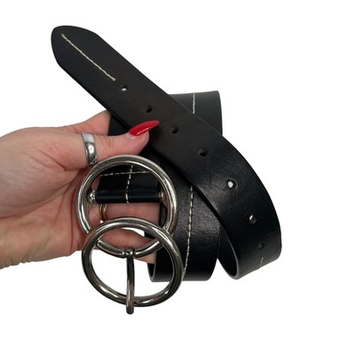 Olga Santini Women’s Size L Leather Belt Black DOUBLE OO Buckle Silver ...