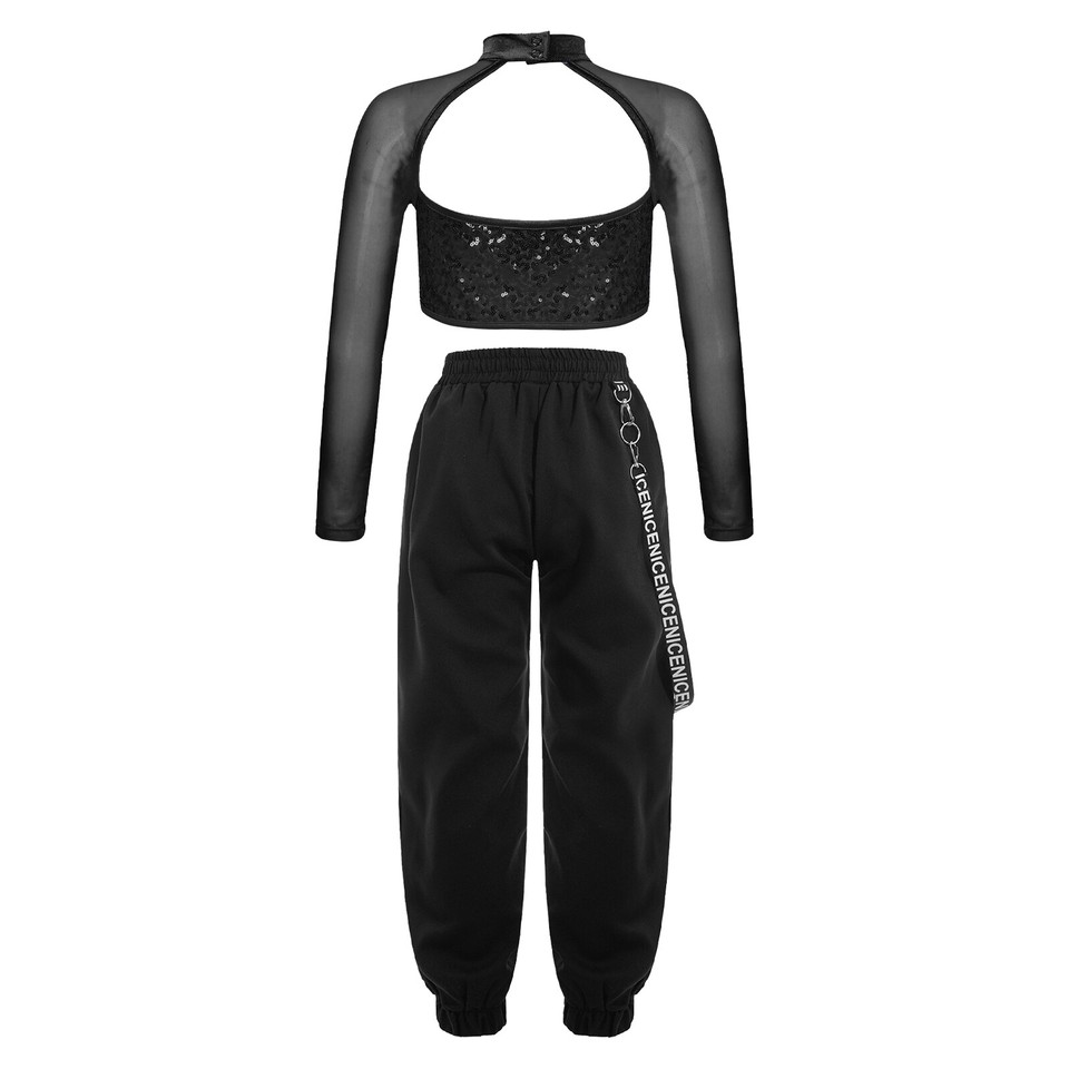 Kids Girls Dancewear Sequins Dance Crop Top with Cargo Jogger Pants Set ...
