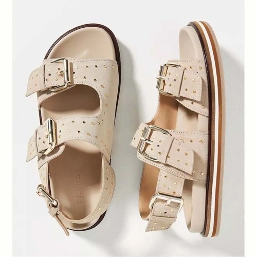 Pilcro Anthropologie Studded Suede Slingback Sandals Beige Gold Buckle ...