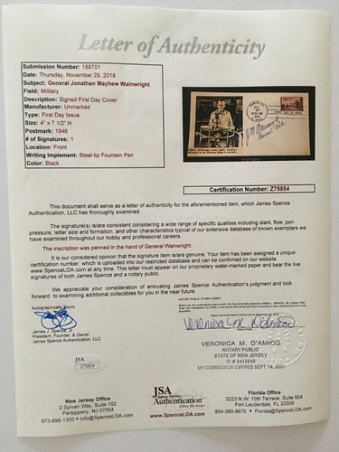 Jonathan Wainwright Signed Autographed First Day Cover JSA Letter WW2 ...