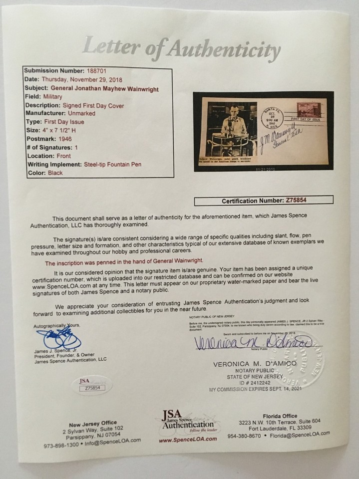 Jonathan Wainwright Signed Autographed First Day Cover JSA Letter WW2 ...