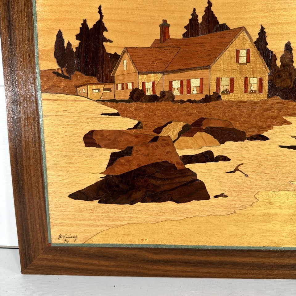 Folk Art Marquetry Wood Inlay House Beach Boat Scene Wall Plaque ~ 14 ...