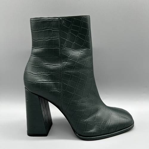 ASOS Design Ankle Boots Leather Green Crocodile Square Toe Block Heel ...