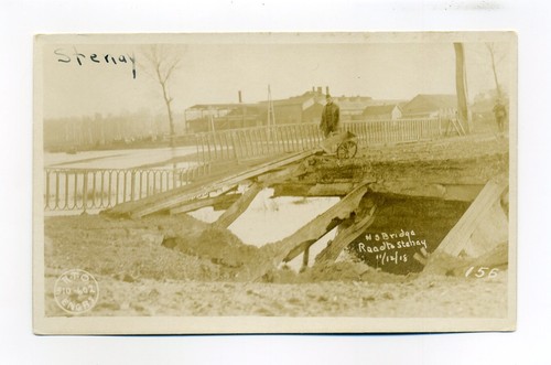 WWI, Stenay, France, man by wood plank replacing destroyed bridge, RPPC ...