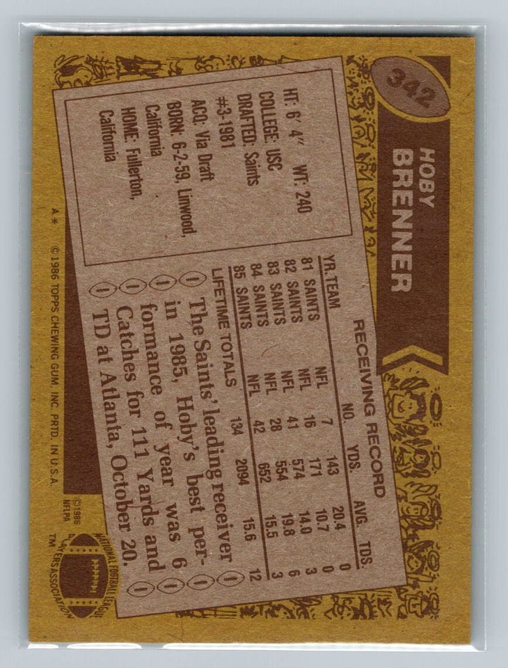 1986 Hoby Brenner #342 Topps New Orleans Saints | eBay