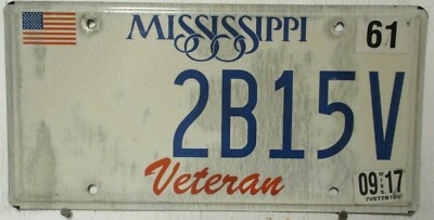 2017 Mississippi license plate tag Veteran 2B157 flat American flag ...