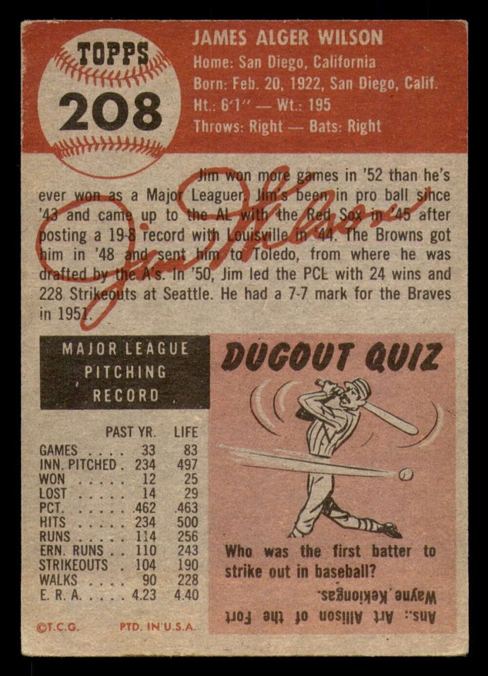1953 Topps #208 Jim Wilson Writing on Card Bos Braves ID:382534 | eBay